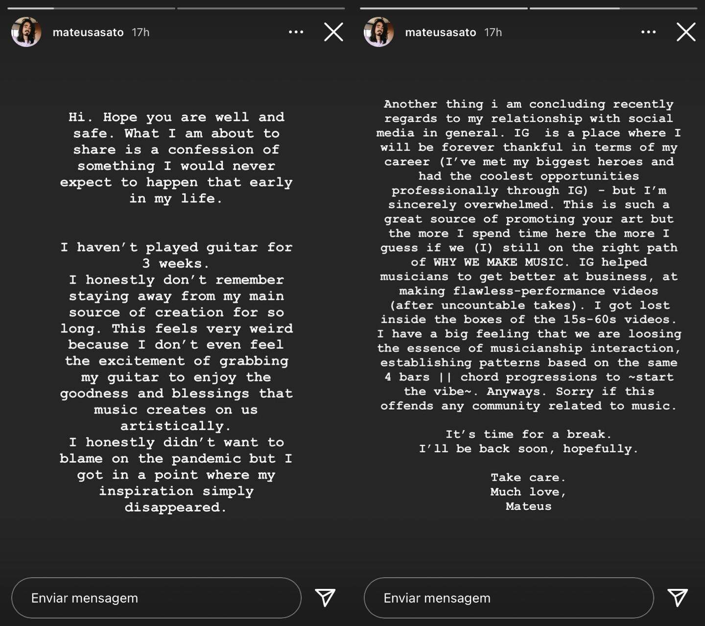 Mateus Asato pausa carreira e suspende perfil no Instagram Mateus Asato pausa carreira e suspende perfil no Instagram